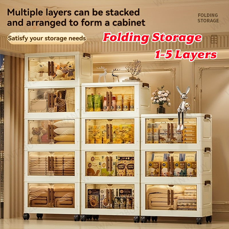 2/3/4/5 Layers Foldable Storage Box Cabinet With Wheel Large Capacity Multipurpose Stackable ...