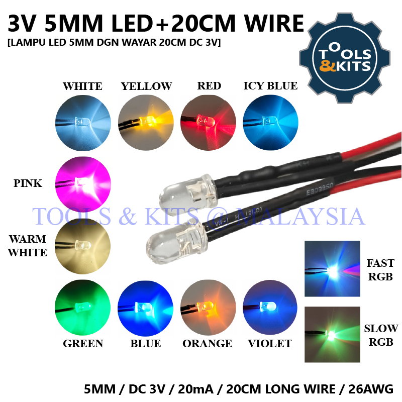 5MM DC 3V LED Light + 20CM Wire for RBT DIY School Project/Toys/Model ...