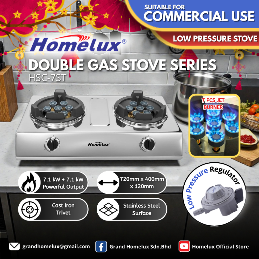 HOMELUX COMMERCIAL STAINLESS STEEL DOUBLE BURNER 7 JET GAS STOVE SERIES ...