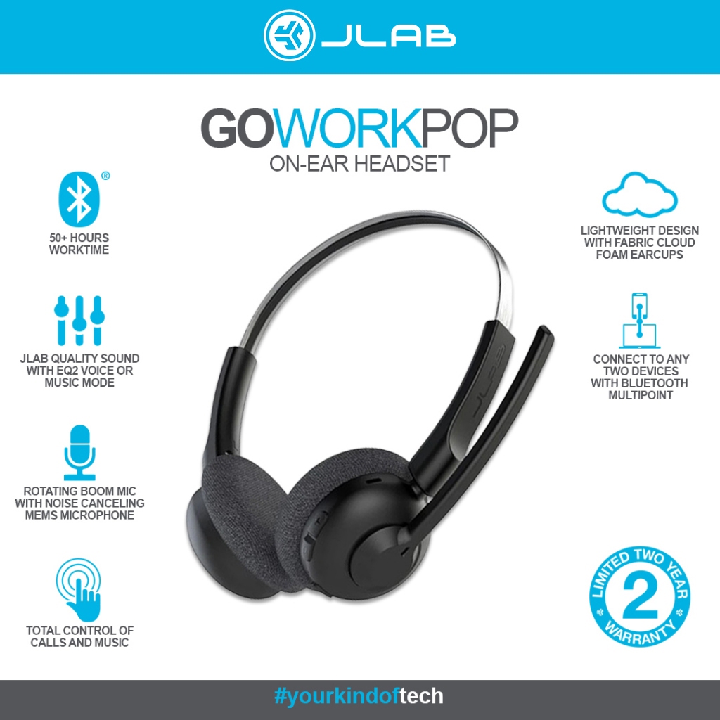 JLAB Go Work Pop On-Ear Headset | 50H+ LONG PLAYTIME | ROTATING BOOM ...