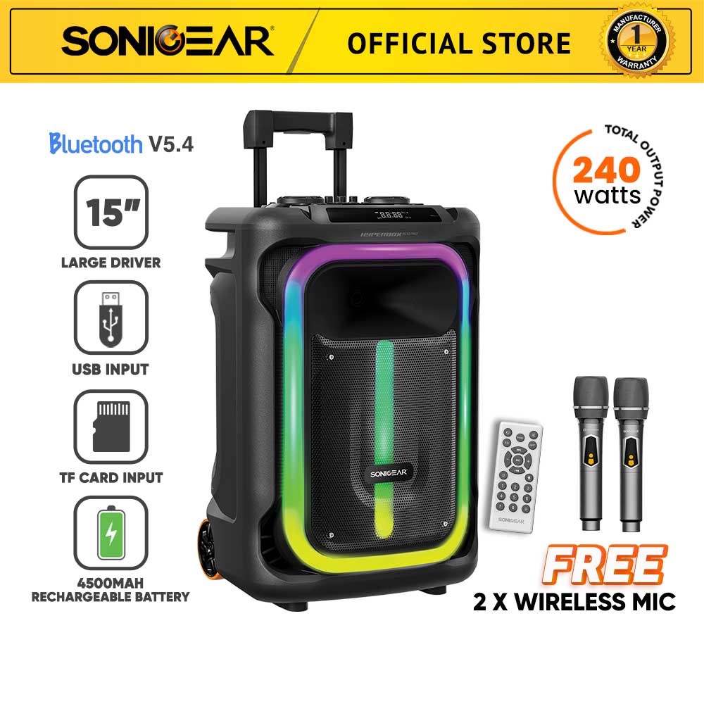 SonicGear HyperBox 1500 Pro Bluetooth USB Outdoor RGB Trolley Speaker with 2 Wireless Mic ...