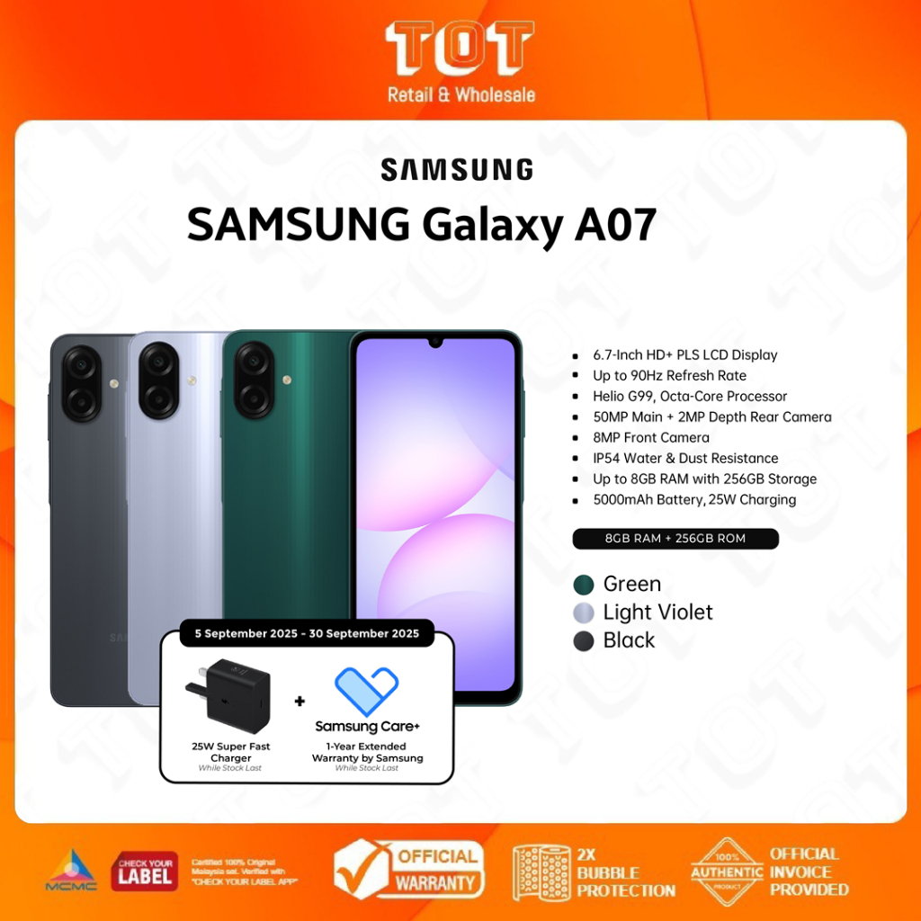 SAMSUNG GALAXY A07 4G l 8GB+256GB ROM | 6.7-Inch HD+ 90 Hz Display ...