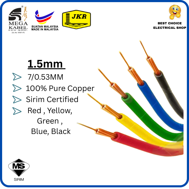 SIRIM APPROVED { MEGA } 1.5mm 100% Pure Copper PVC INSULATED Cable Wire ...