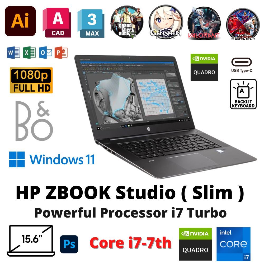 HP SLIM ZBOOK STUDIO INTEL CORE I7-6TH 3.80GHz NVIDIA GRAPHICS CARD ...