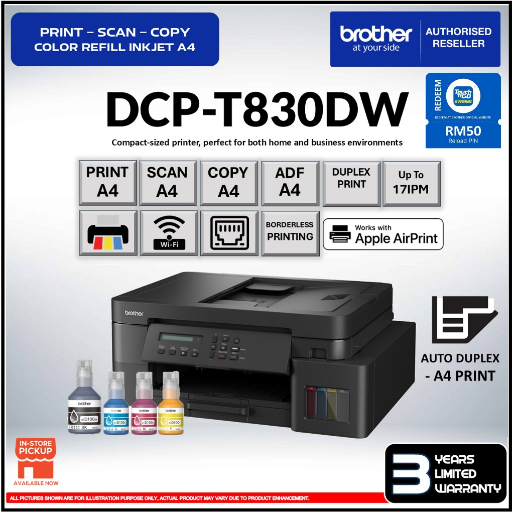 Brother Color Inkjet Refillable Ink Tank DCP-T830DW A4 3in1 Wireless ...