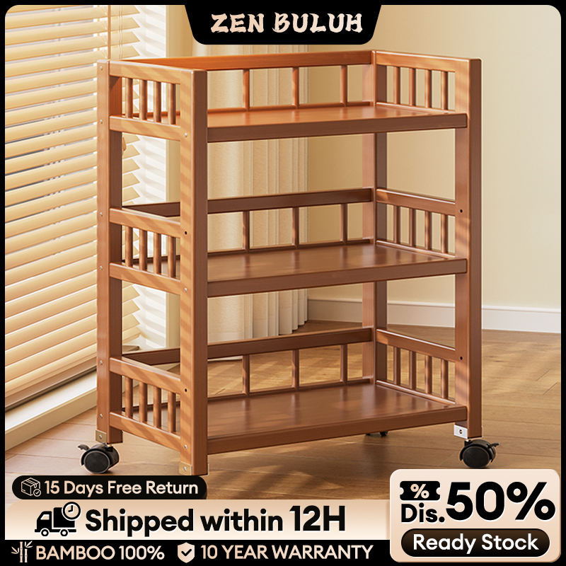 【100% Bamboo】Trolley Rack Bamboo Kitchen Trolley Cart Troli Barang ...