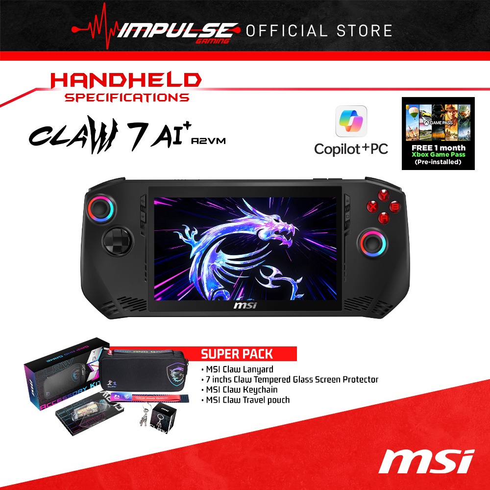 MSI Claw 7 AI + A2VM Super pack Copilot+ PC Handheld Gaming Console ...