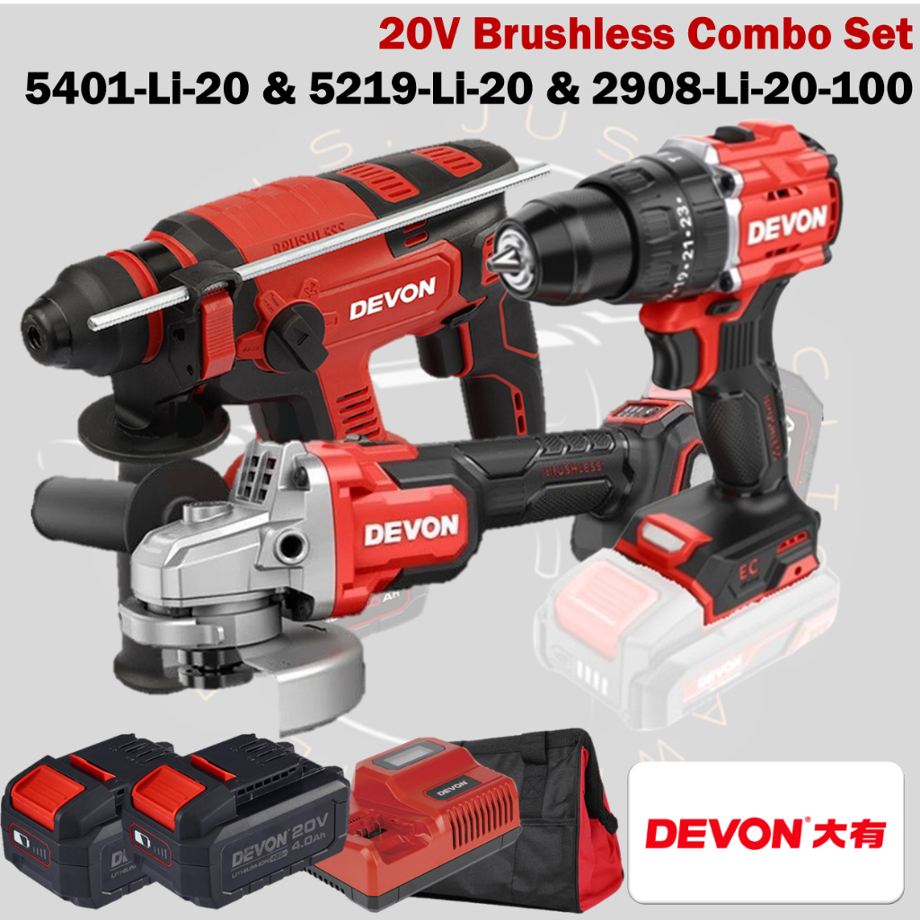 DEVON 20V Brushless Combo 5401 2908 5219 Rotary Hammer / Angle Grinder ...