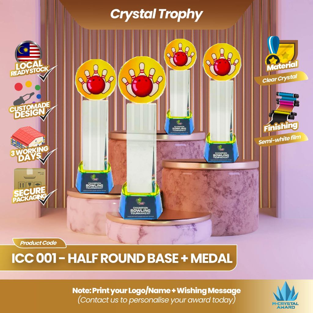 CRYSTAL CUBE TROPHY ICC 001-HALF ROUND BASE + MEDAL (48 HOURS DELIVERY ...