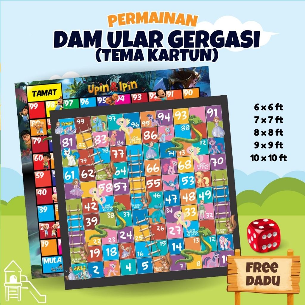 (Free Dadu) DAM ULAR GERGASI - TEMA KARTUN / Snake & Ladder / Playmat ...