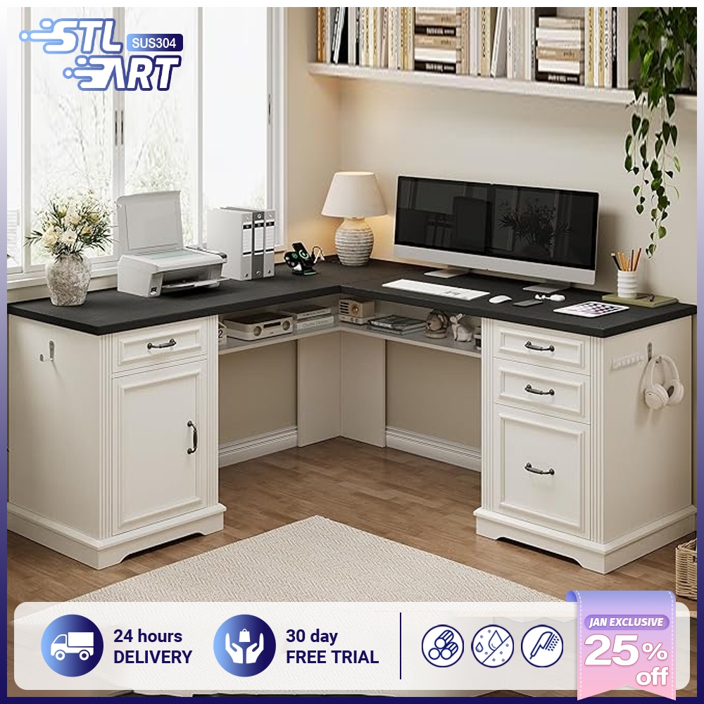 Farmhouse L Shaped Executive Desk with 4 Drawers Home Office Desk Wood ...