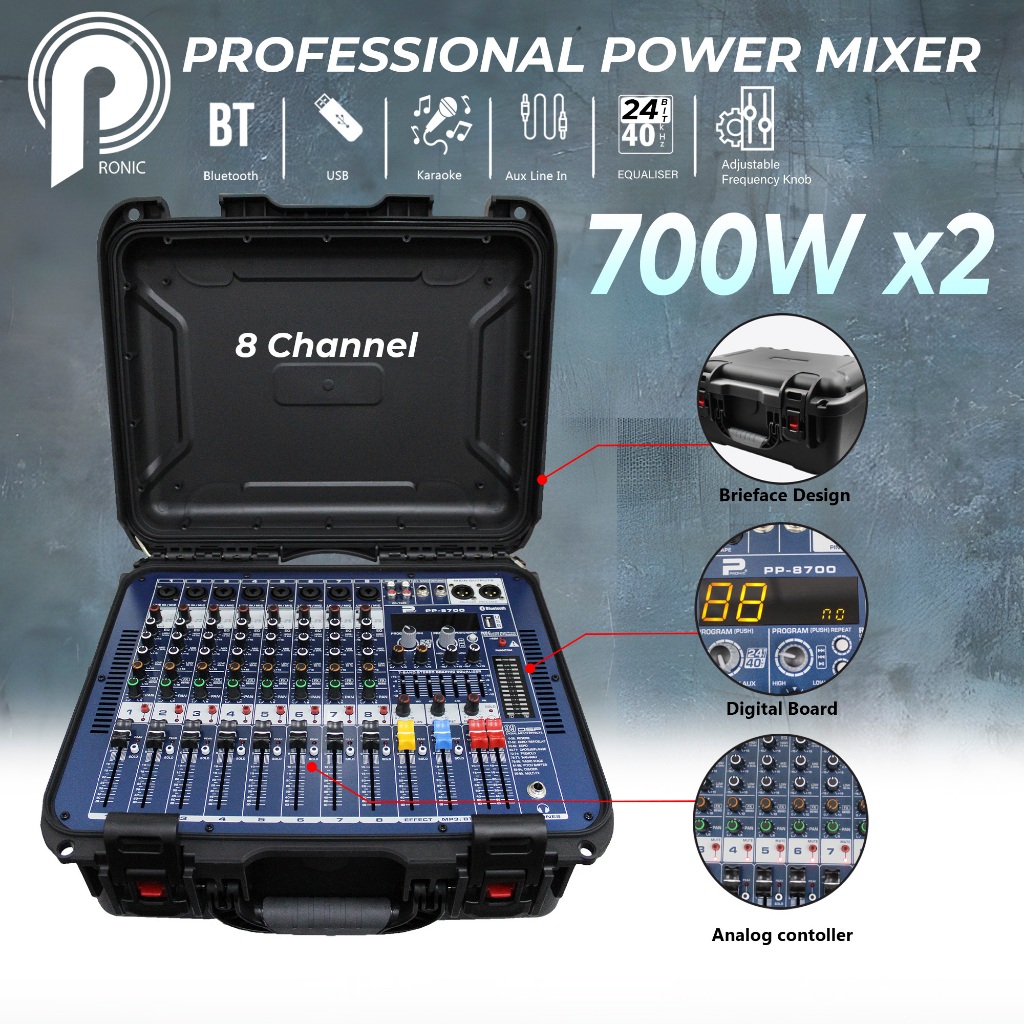PRONIC 8 Channel Power Mixer 2x700W Professional Audio Mixer Amplifier ...