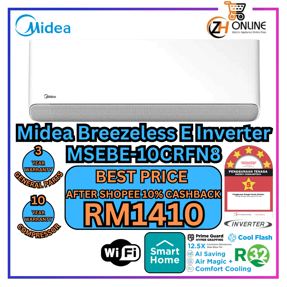 Midea 1.0HP-2.5HP BreezelessE Premium 5 Star Inverter Aircond Wall ...