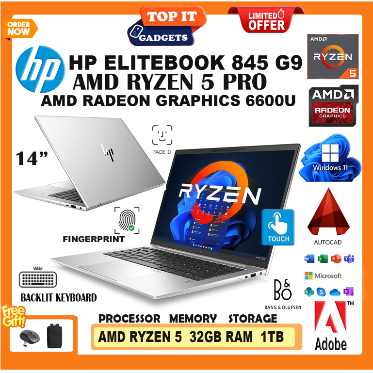 HP ELITEBOOK 845 G9 RYZEN 5 PRO AMD RADEON GRAPHICS- 6600U Touchscreen ...
