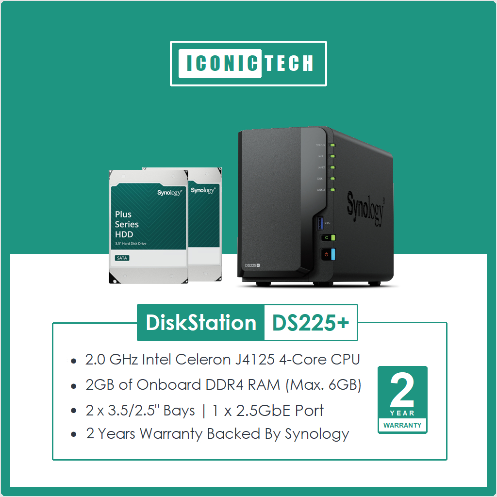 0TB~32TB Synology DiskStation DS225+ 2-Bay Diskless NAS Enclosure (Default System Shipped ...