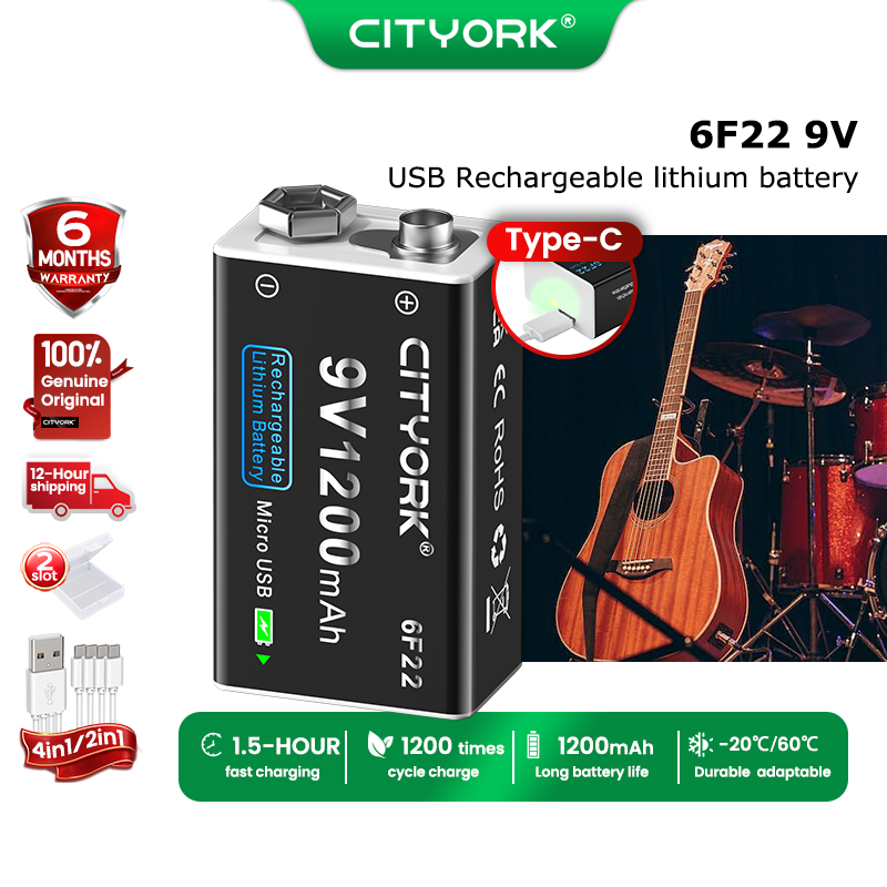 CITYORK 6F22 1200mAh 9V USB Rechargeable Lithium Battery（Type-C Fast ...