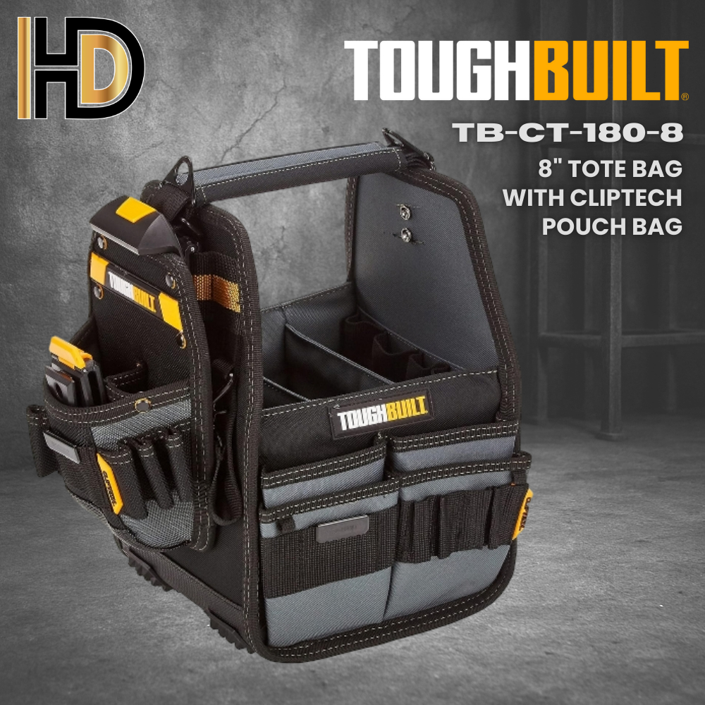 TOUGHBUILT 8" Tool Tote Bag With CLIPTECH Pouch / TOUGHBUILT Heavy Duty ...