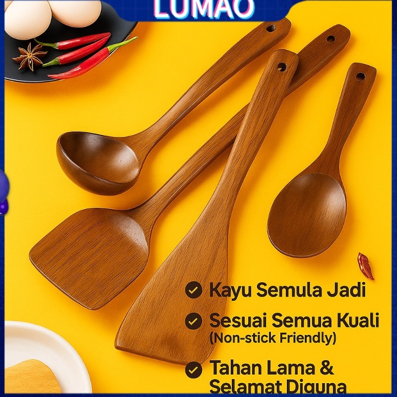 LUMAO Wooden Spatula & Spoon Set – High‑Temp Safe Kayu Sudu & Spatula ...