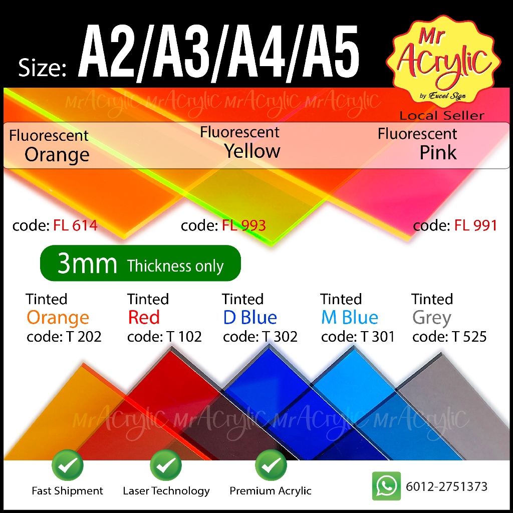 A2/A3/A4/A5 Size Fluorescent & Tinted Colour Acrylic Plate (Thickness ...