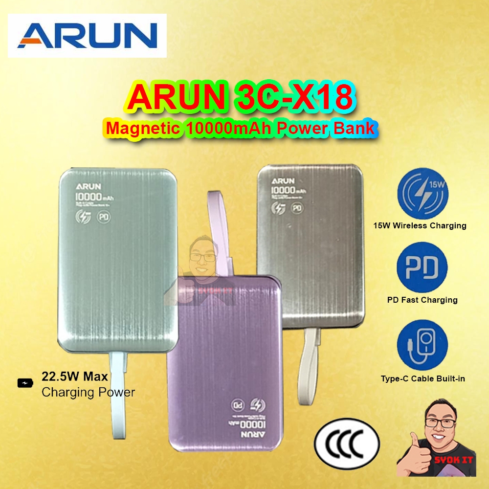 ARUN 3C Mini Magnetic Wireless 10000mAh PowerBank Charger 15W Wired PD ...