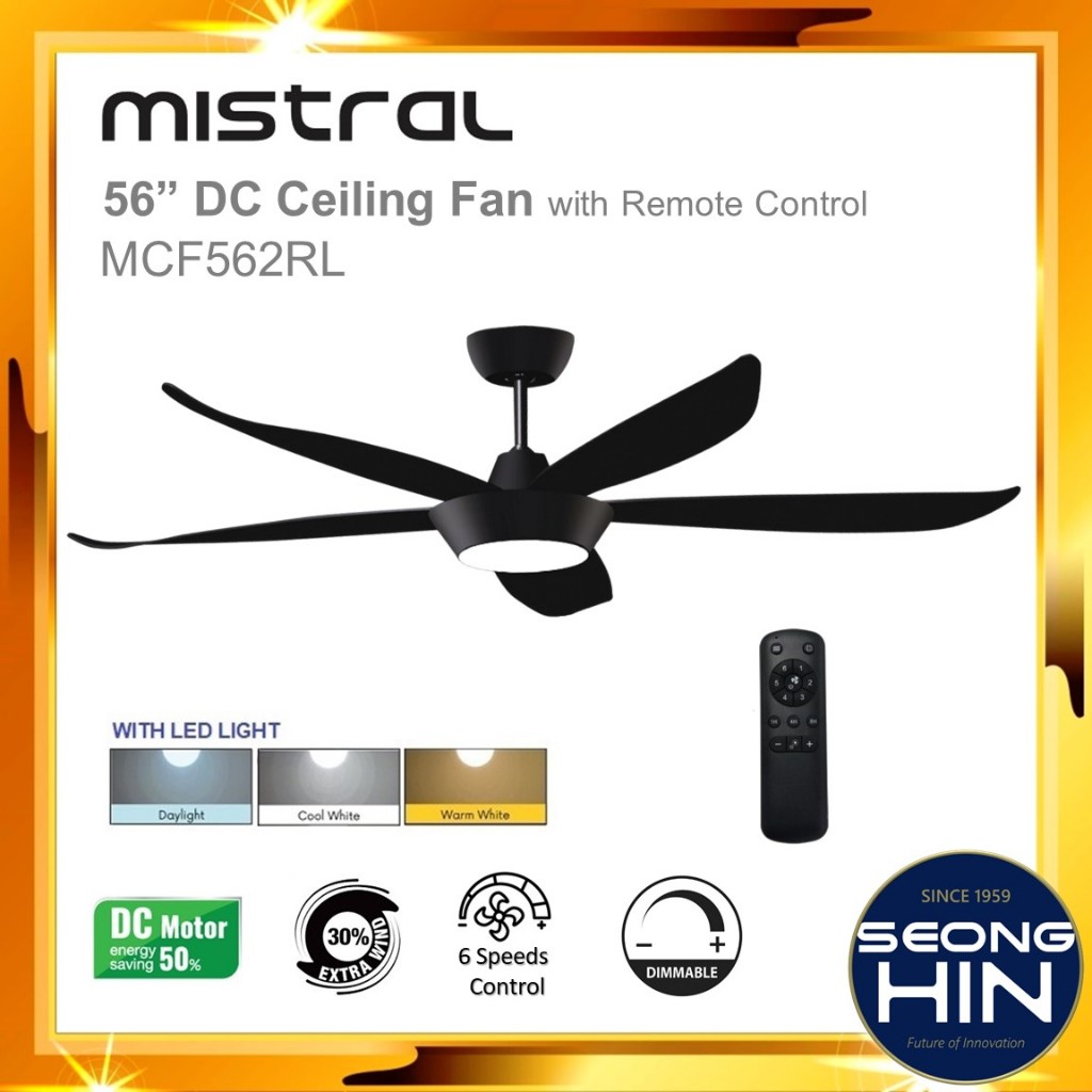 Mistral 56" Ceiling Fan DC Motor MCF562RL LED Light 5 Blades 6 Speeds ...