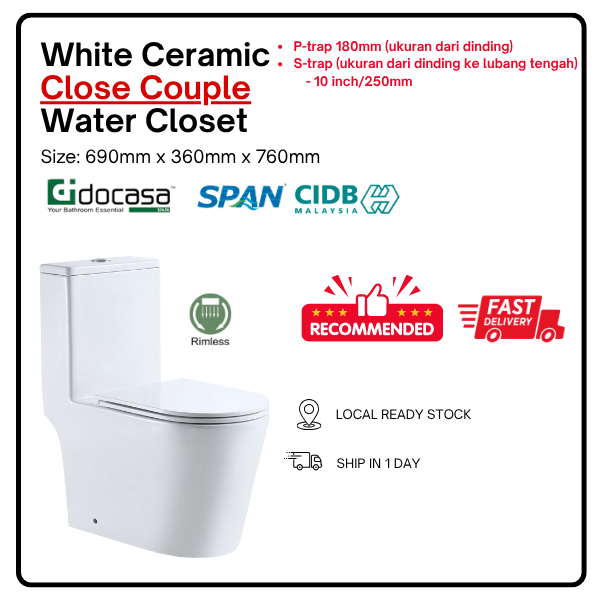 Docasa One Piece A380 P-Trap 180 S-Trap 250mm Bathroom Tornado Rimless ...