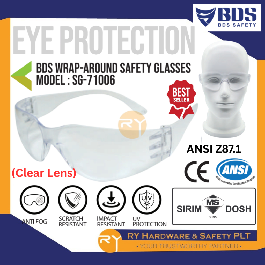 [SIRIM DOSH] BDS Safety Eye Protection Wrap-Around Safety Glasses ...
