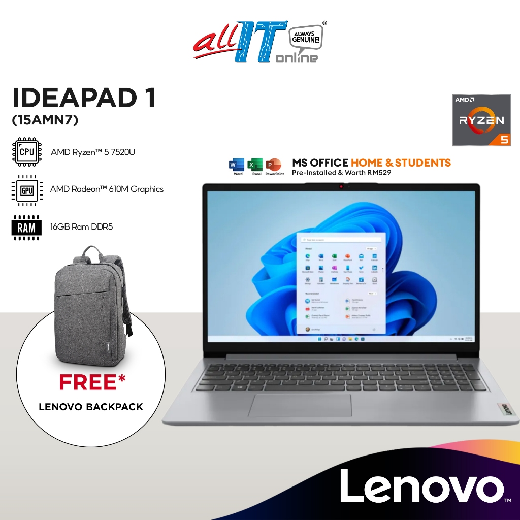 Lenovo IdeaPad 1 15AMN7 15.6" FHD Laptop (AMD Ryzen™ 5 7520U | 16B ...