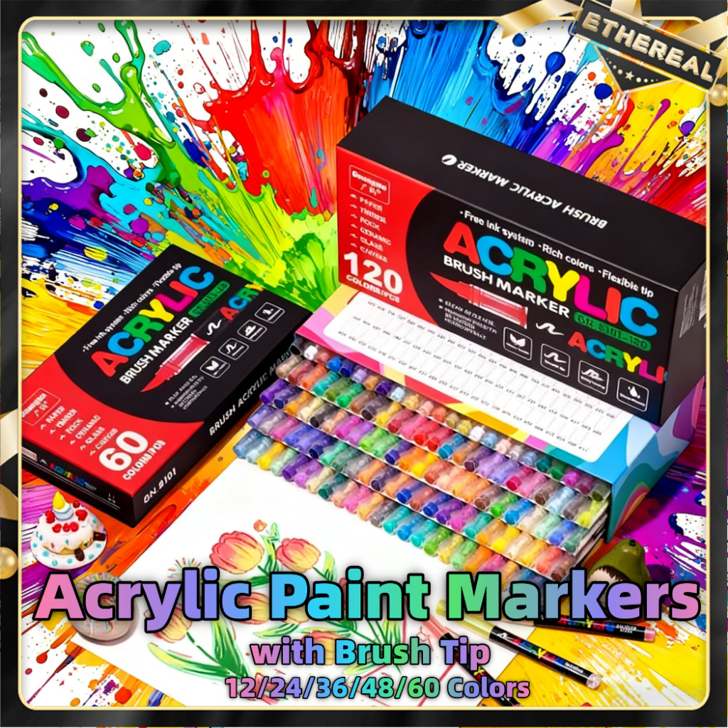 Acrylic Marker Pen 12/24/36/48 Colors Brush Tip Soft Head Waterproof ...