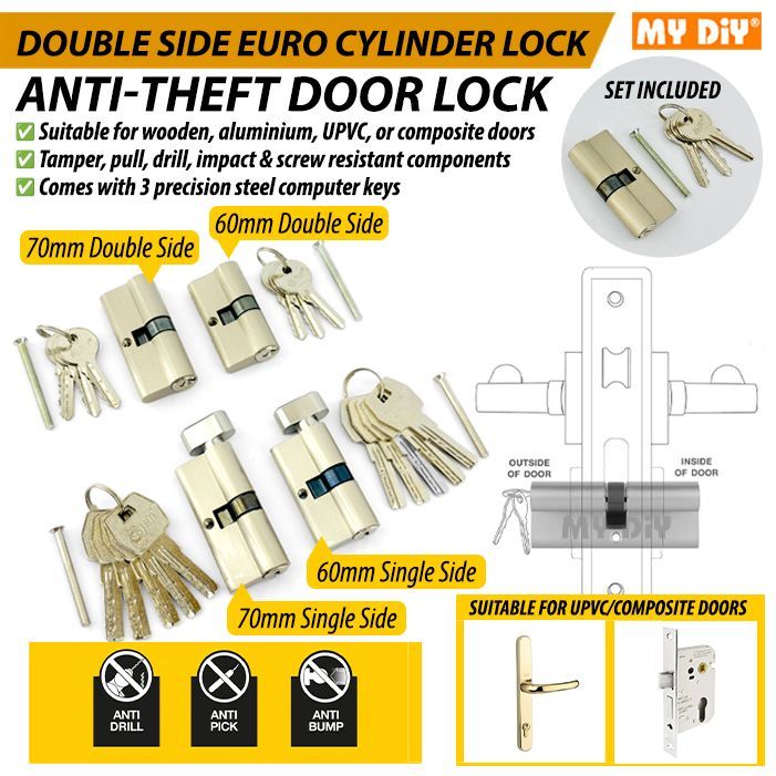Euro Profile 60mm 70mm Cylinder Lock Single Double Sided Key Anti-Theft ...