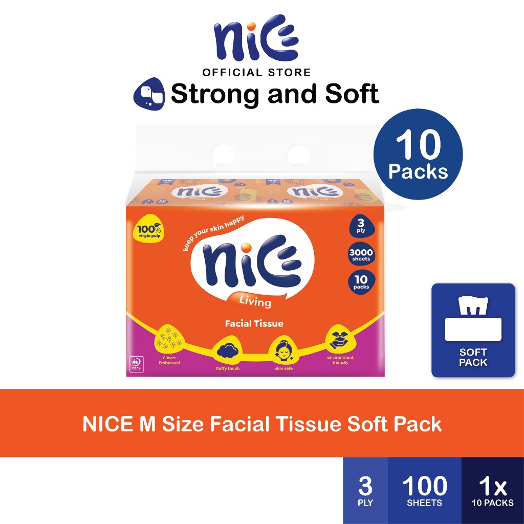Nice M Size Facial Tissue Soft Pack (100 Sheets x 10 Packs) | Shopee ...