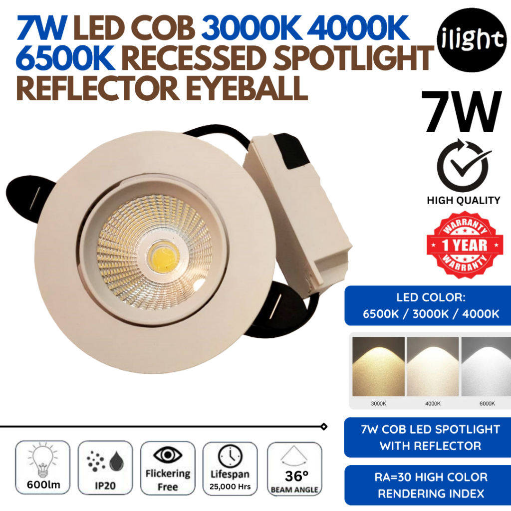 7W COB LED 6500K 4000K 3000K Recessed LED Reflector Spotlight Eyeball ...