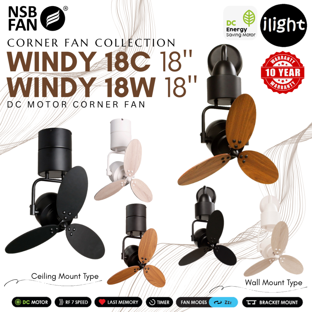 NSB FAN WINDY 18W / WINDY 18C 18 Inch DC Motor 3 Wood Blades Wall ...