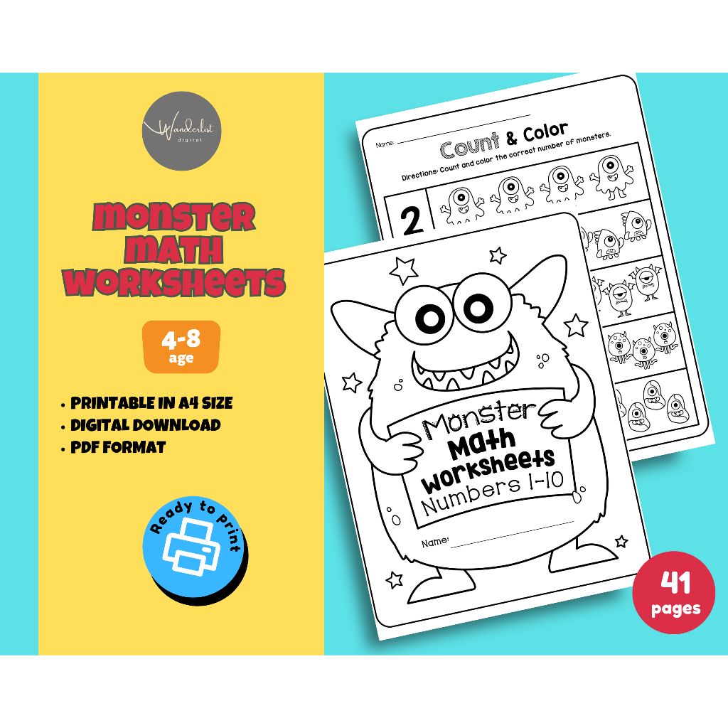 Printable PDF l Monster Math Worksheets - Numbers 1–10 | Ages 4–8 ...