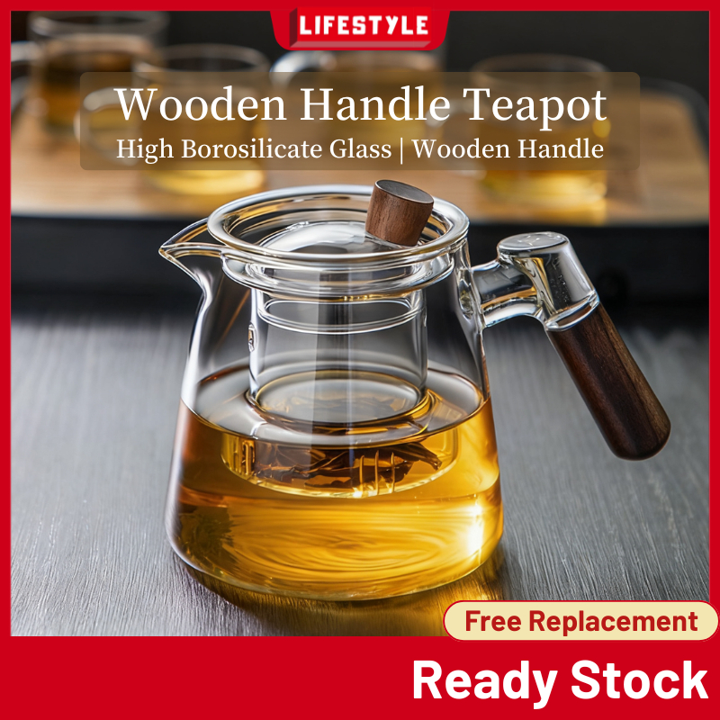 LIFESTYLE Soft Pour Teapot Kaca dengan Pemegang Kayu Kaca Tebal Tahan ...