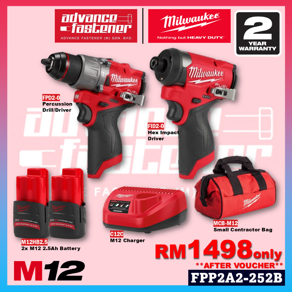 Milwaukee M12 FPP2A2 ESSENTIAL Combo ( FPD2 BLPDRC Percussion Drill ...