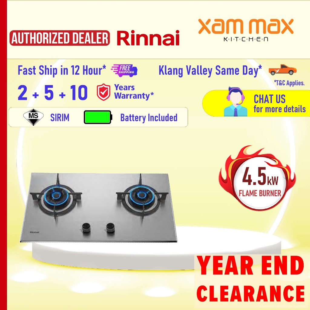 Rinnai RB-772S 2 Burner Built-in Gas Hob / 4.5kW Stainless Steel Kitchen Gas Stove / RB-27HS ...