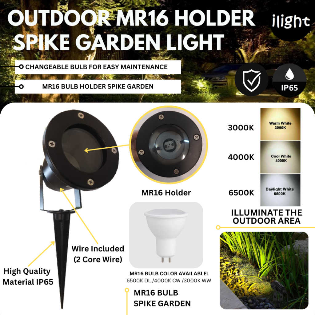 Outdoor MR16 Holder Spike Garden Light c/w MR16 Bulb 6500K 4000K 3000K ...