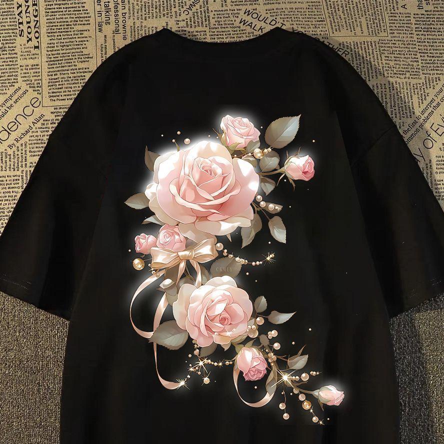 Gaya gelap dan manis! Pearlescent rose print trendy T-shirt masa terhad ...