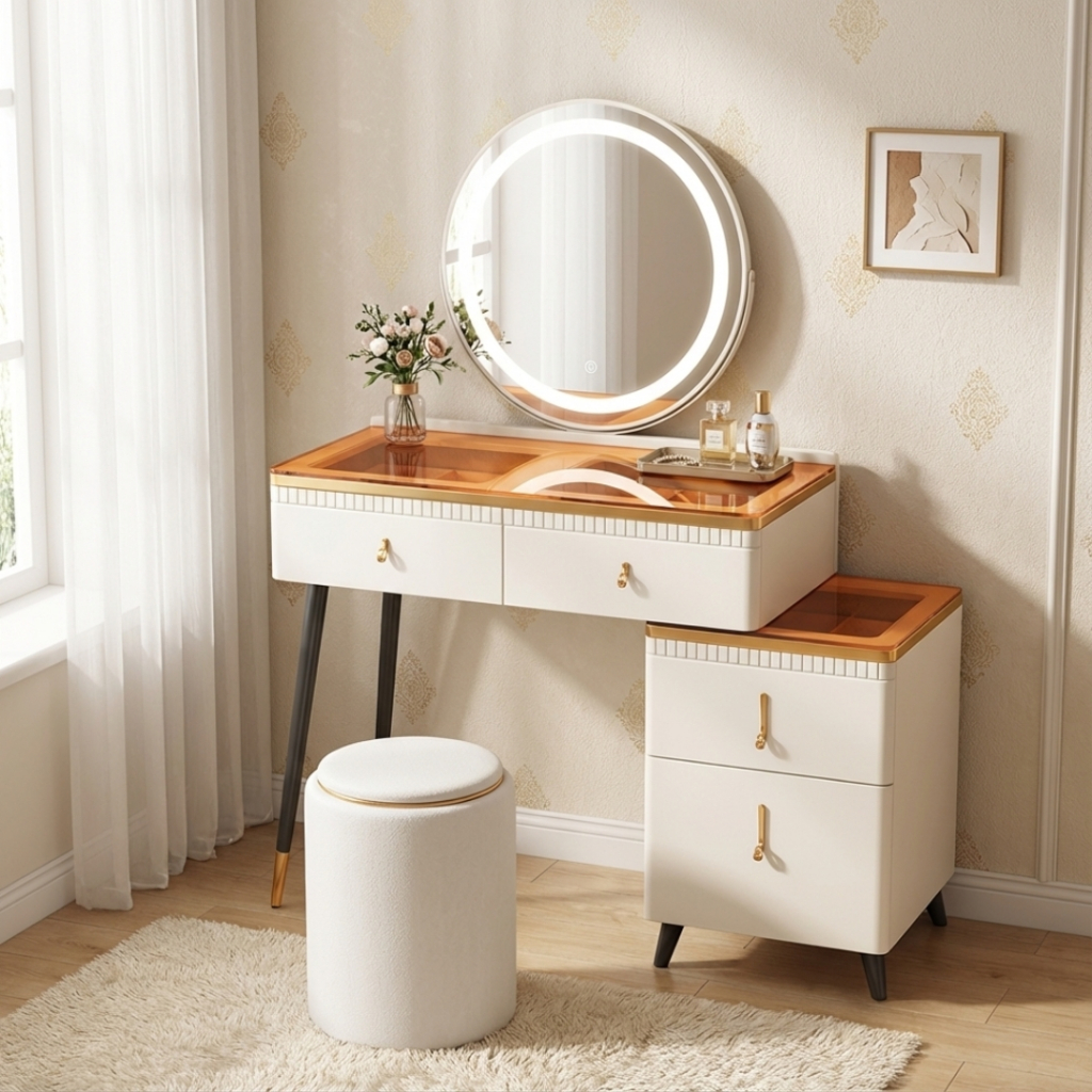 Furniture Direct ERIN LED Mirror Expandable Dressing Table Set-White ...