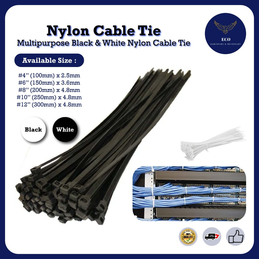 100pcs Nylon Cable Tie 4"-12" White & Black Pengikat Kabel Self Locking ...