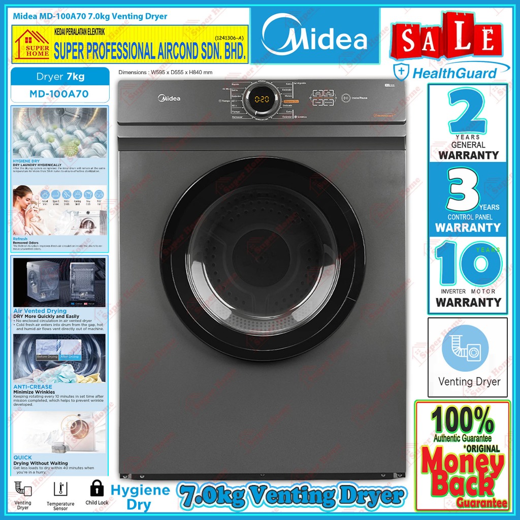 Midea Vented Dryer MD-100A70 7kg Tumble Dryer Titanium Grey Venting ...