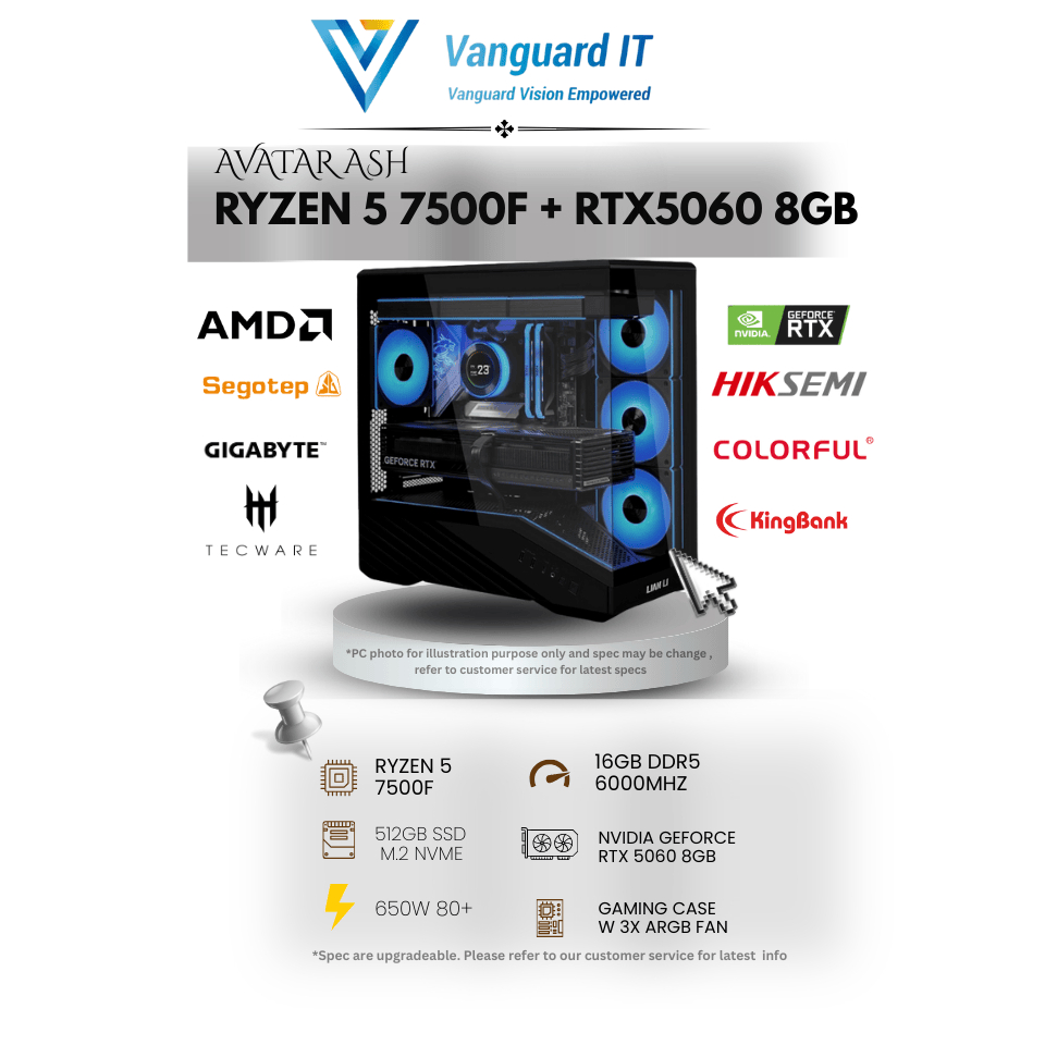 VANGUARDIT AVATAR ASH AMD GAMING PC (RYZEN 5 7500F / NVIDIA RTX5060 8GB ...