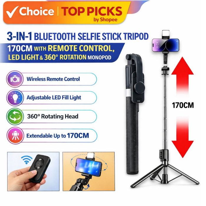 3-in-1 Bluetooth Selfie Stick Tripod 170cm with Remote Control, LED ...