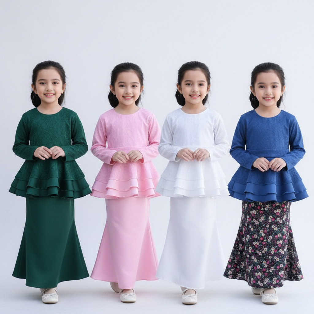 Baju Raya Budak Perempuan Muslimah Kurung Peplum Cotton Girl Raya Dress ...