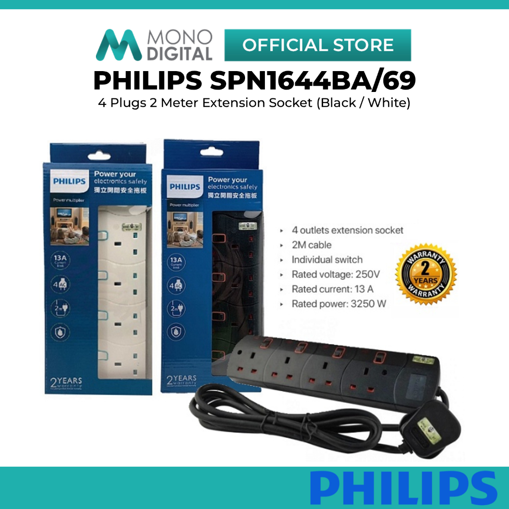 Philips 4 Way Extension Socket SIRIM Heavy Duty 3250W UK Plug with 2 ...