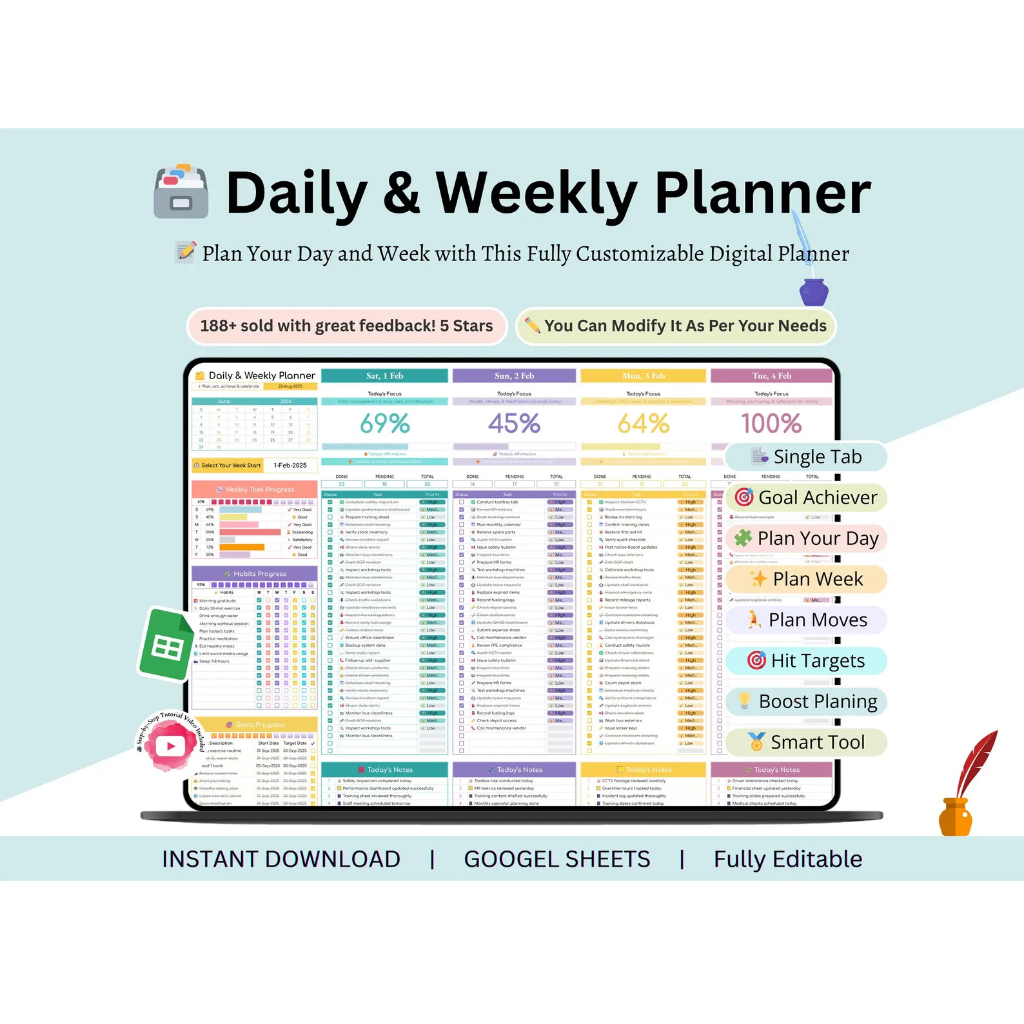 Daily Weekly Planner Google Sheets Smart Target Planning Goal Achiever ...