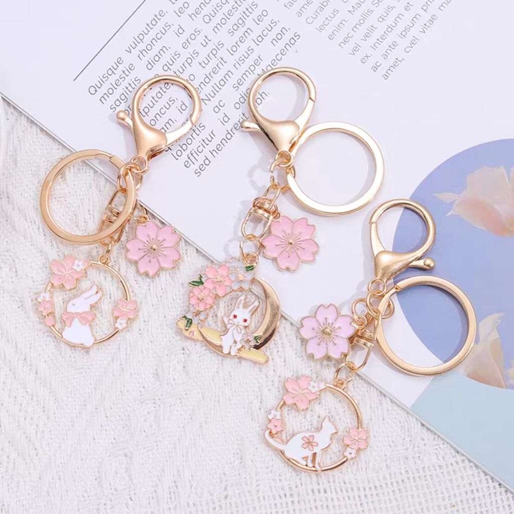 Cute Sakura Cat Keychains Cartoon Moon Rabbit Key Ring Metal Sakura ...