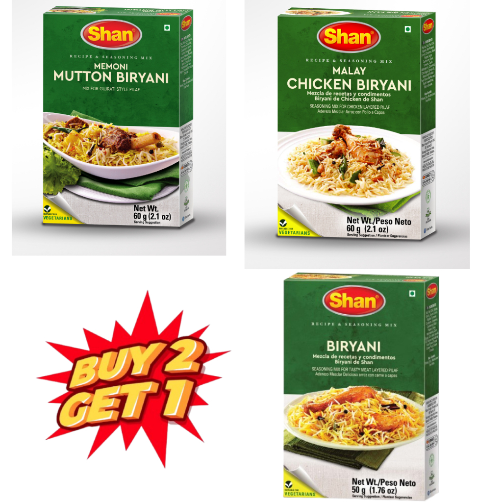 SHAN COMBO PACK SHAN MEMONI MUTTON BIRYANI 60G G+ SHAN BIRYANI 50G G+ ...