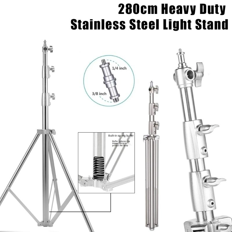 280cm Heavy-Duty 100%Stainless Steel Light Stand Adjustable Photography ...
